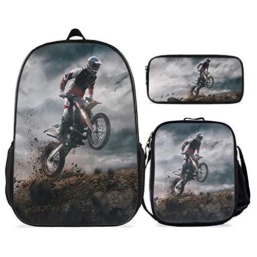 KXZOYLM Dirt Bike Backpack for Kids Cool Motorcycle School Backpacks 3 Pieces Set School Bookbag with Lunch Bag And Pencil Case Casual Motorcycle Vehicle Shoulder Bag for Teen Boys Girls