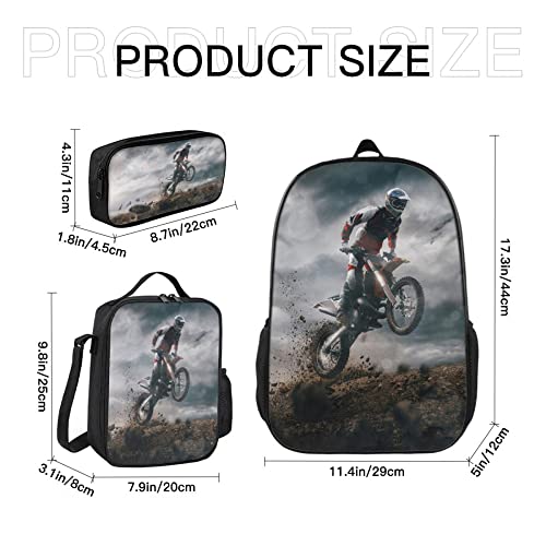 KXZOYLM Dirt Bike Backpack for Kids Cool Motorcycle School Backpacks 3 Pieces Set School Bookbag with Lunch Bag And Pencil Case Casual Motorcycle Vehicle Shoulder Bag for Teen Boys Girls