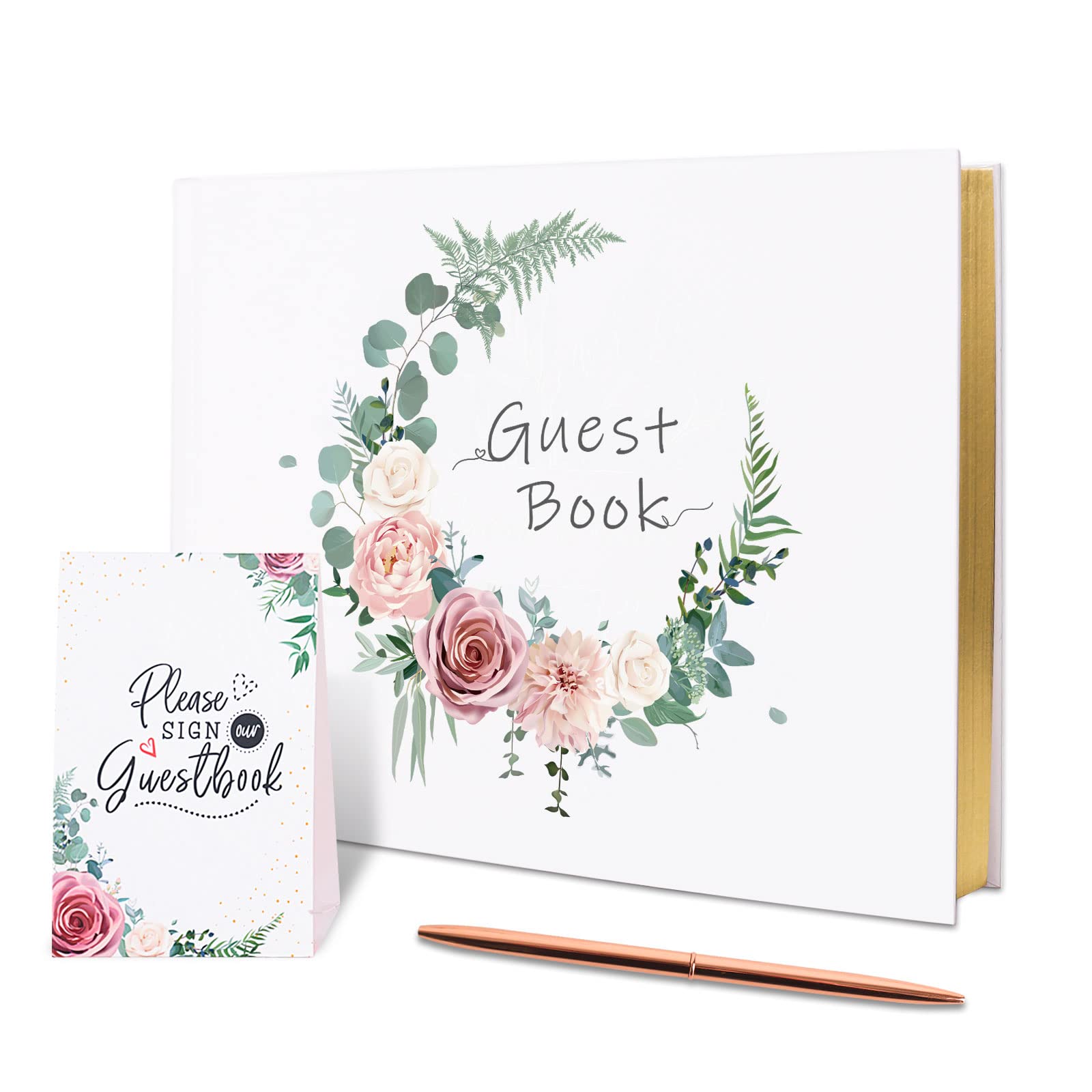 Vienrose Wedding Guest Book Set with A Pen and A Welcome Sign Registry Sign-in Book with 123 Blank Lined Pages Gilded Edges Hardcover Book for Wedding Baby Shower Birthday