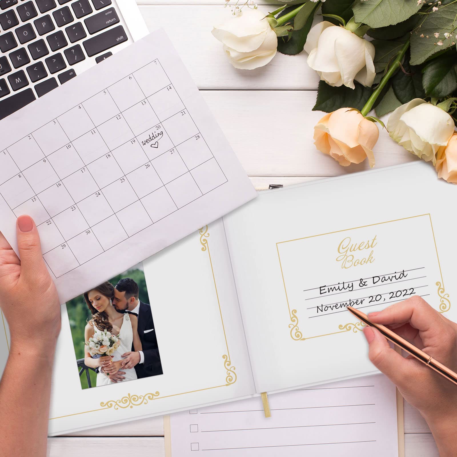 Vienrose Wedding Guest Book Set with A Pen and A Welcome Sign Registry Sign-in Book with 123 Blank Lined Pages Gilded Edges Hardcover Book for Wedding Baby Shower Birthday