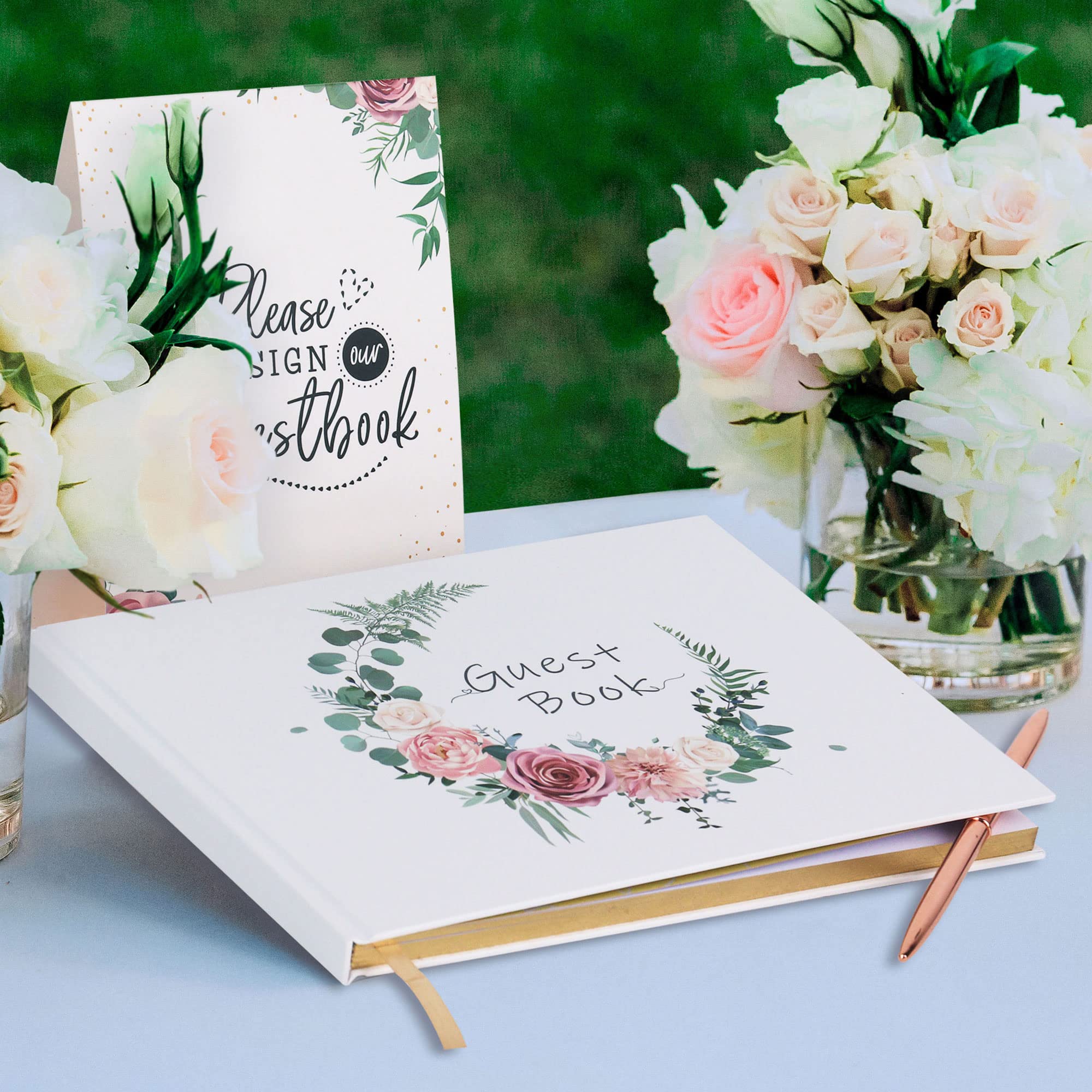 Vienrose Wedding Guest Book Set with A Pen and A Welcome Sign Registry Sign-in Book with 123 Blank Lined Pages Gilded Edges Hardcover Book for Wedding Baby Shower Birthday