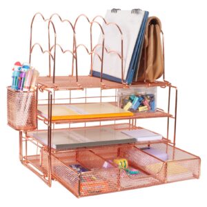 barelove rose gold desk organizer with pen holder, 4-trays mesh paper letter file sorter with 5 upright document rack & drawer, desktop metal storage magazine folder for home office school supplies