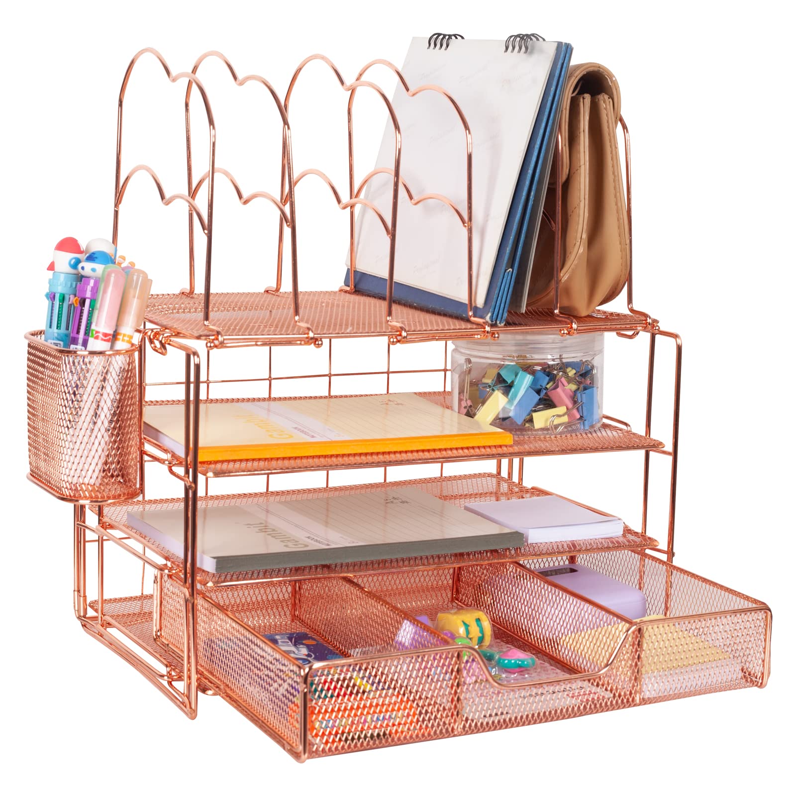 Barelove Rose Gold Desk Organizer with Pen Holder, 4-Trays Mesh Paper Letter File Sorter with 5 Upright Document Rack & Drawer, Desktop Metal Storage Magazine Folder for Home Office School Supplies