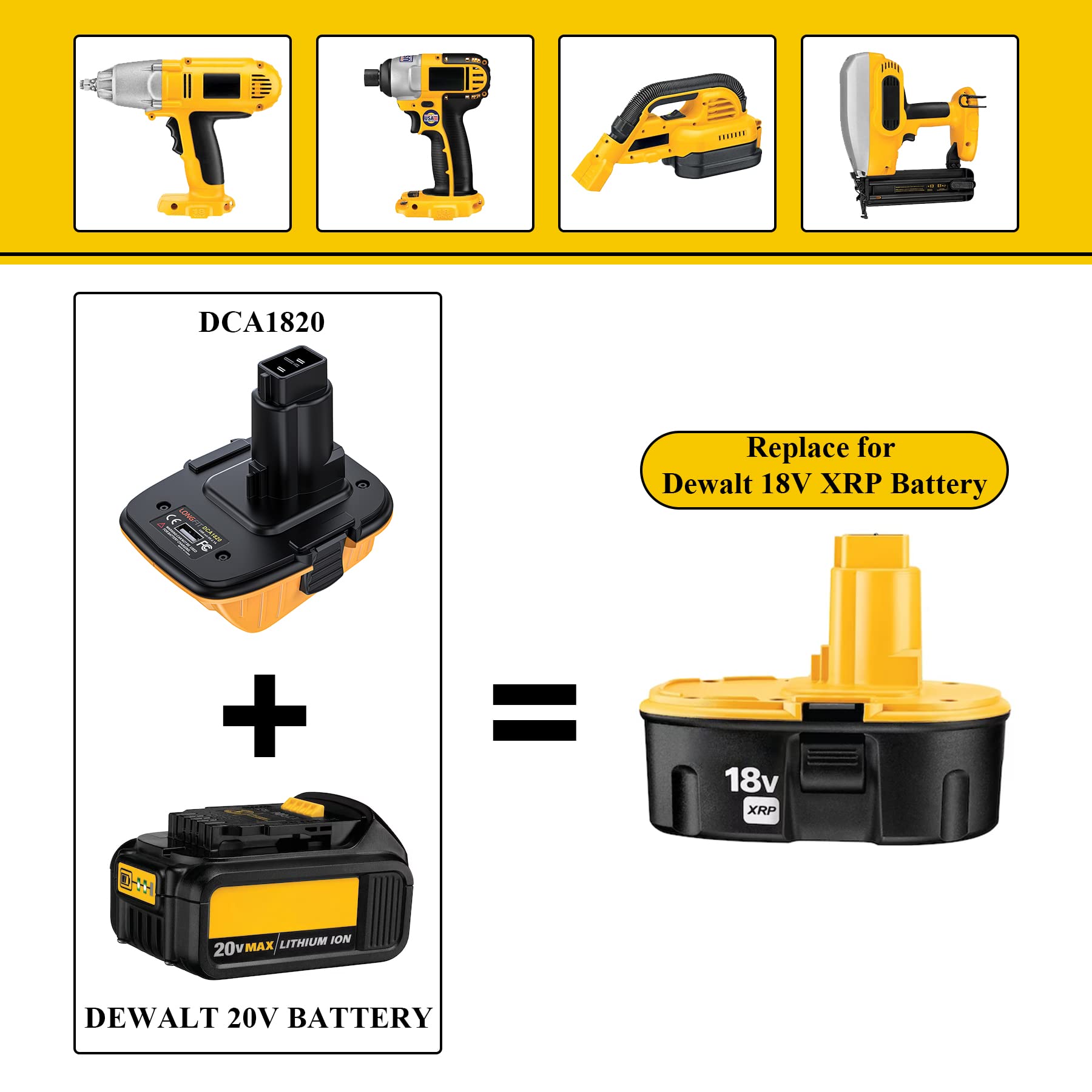 Replace for DeWalt Battery Adapter 18V to 20V DCA1820, Convert 20V Lithium Battery to 18V NiCad & NiMh Battery DC9096 DC9098 DC9099 DW9098 DW9096, with 5V USB Port, for Drills, Sanders and More