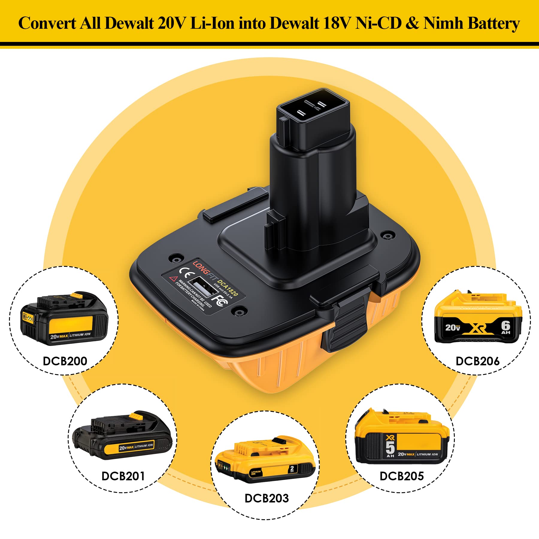 Replace for DeWalt Battery Adapter 18V to 20V DCA1820, Convert 20V Lithium Battery to 18V NiCad & NiMh Battery DC9096 DC9098 DC9099 DW9098 DW9096, with 5V USB Port, for Drills, Sanders and More