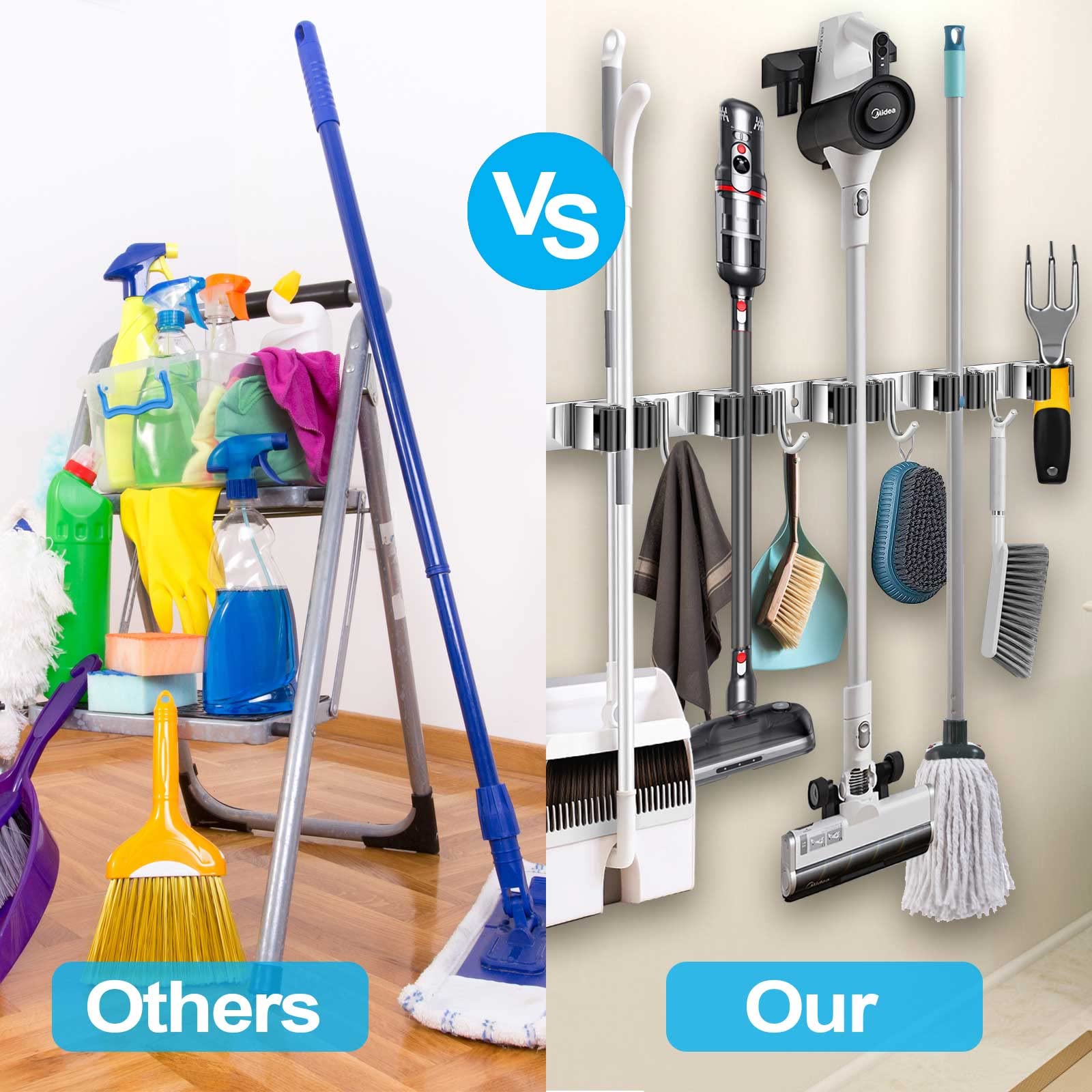 Tskcos Heavy Duty Metal Mop and Broom Holder, Rust Proof, 5 Racks, 4 Hooks, Sturdy Stainless Steel, Space Saving, Easy Installation, Multi-Functional, After-Sale Service