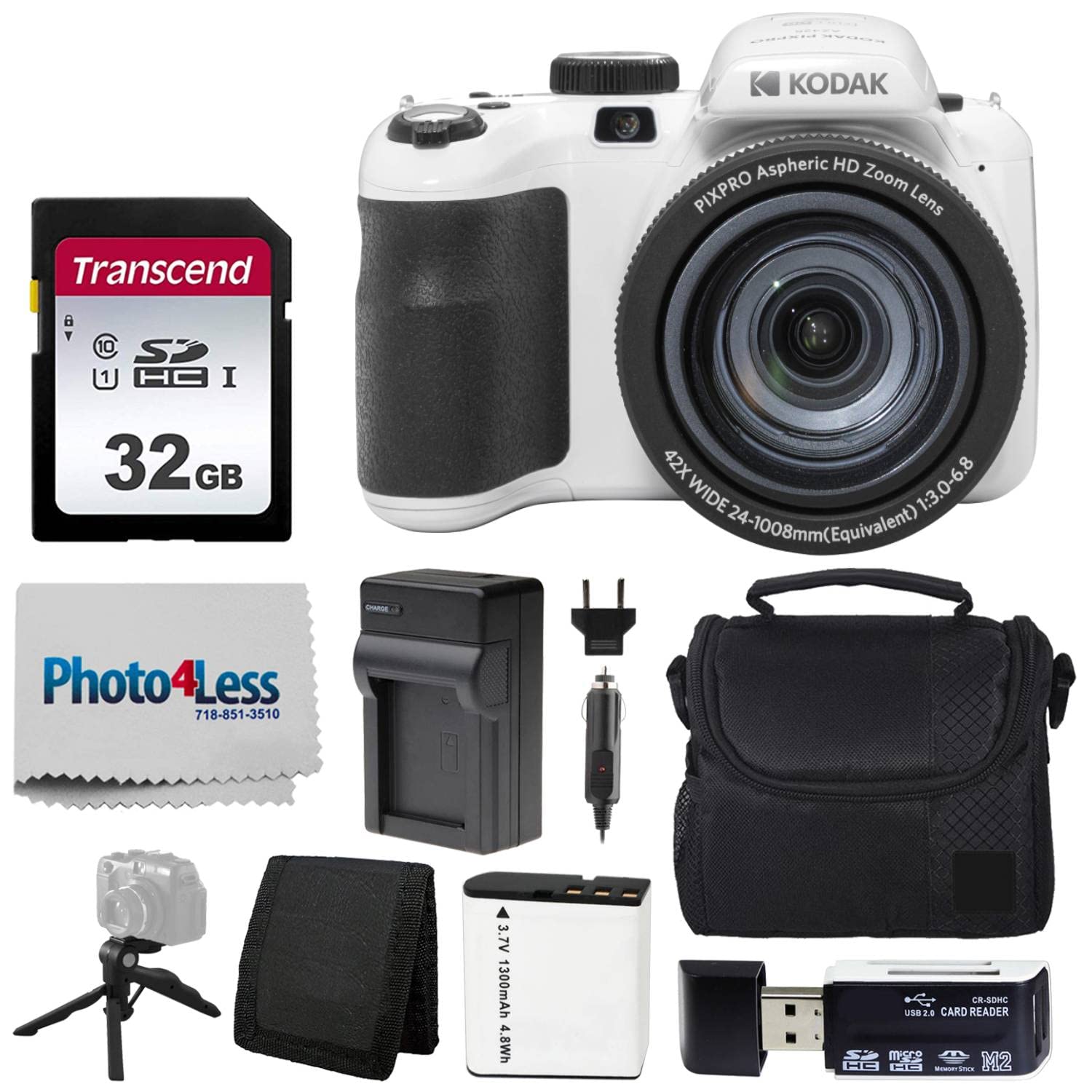 Kodak PIXPRO AZ425 Digital Camera + 32GB Memory Card + Camera Case (Black) + Battery + Charger + USB Card Reader + Table Tripod + Accessories (White)