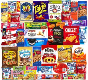 ultimate snacks care package comes in beautiful gift box- (40 count) bulk variety sampler, chips, cookies, bars, candies, nuts,, great for christmas, office meetings , friends & family, military, college students, new year