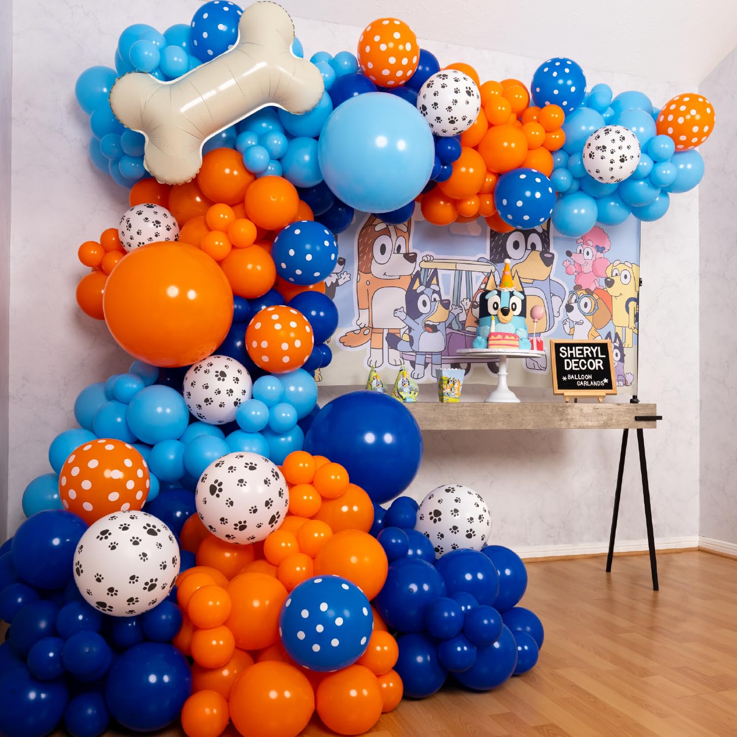 ALL-IN-1 Bluey Balloons Arch & Garland Kit with BONUS Dog Bone – Small and Large Bluey Birthday Party Balloons in Blue and Orange – Bluey Themed Party Decorations & Supplies for Boy or Girl Birthday