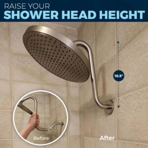 ALL METAL 10.5" S-Shaped Shower Arm - CHROME - High Rise Shower Head Riser - Universal Compatibility - Perfect for Tall People & Rain Shower