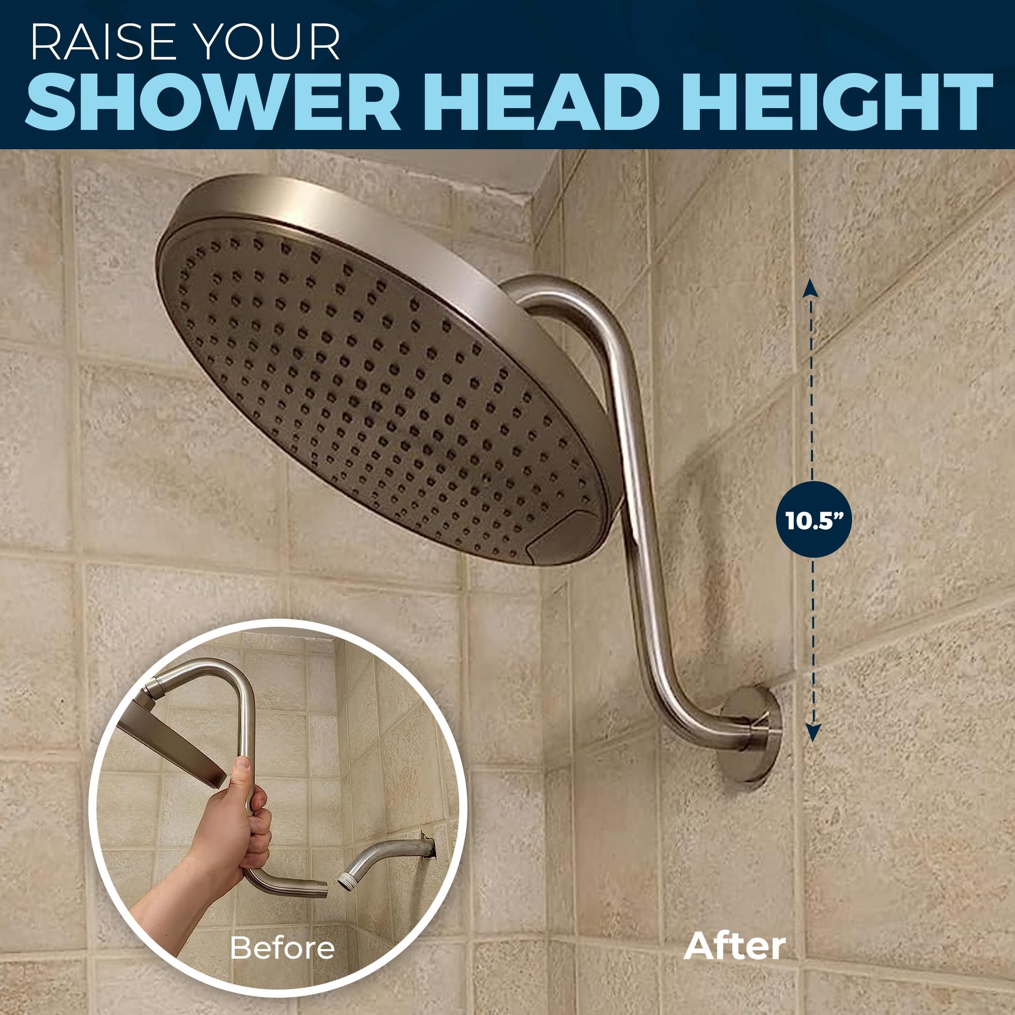 ALL METAL 10.5" S-Shaped Shower Arm - CHROME - High Rise Shower Head Riser - Universal Compatibility - Perfect for Tall People & Rain Shower