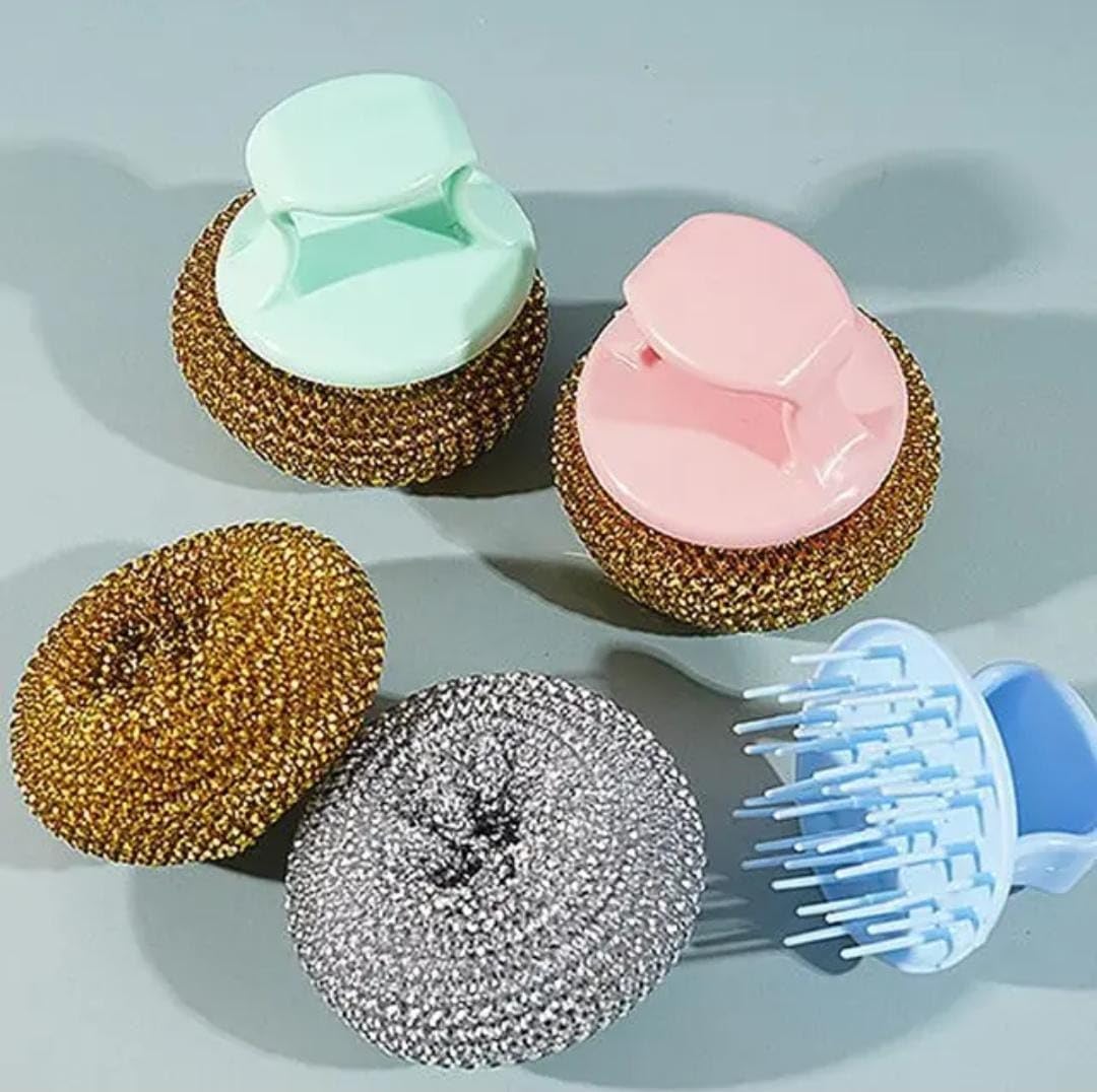 6 Pcs Sponges for Kitchen - Stainless Steel Scrubber with Handle - Heavy Duty Pot Scrubbers Dish Scrubber Cleaning Brush