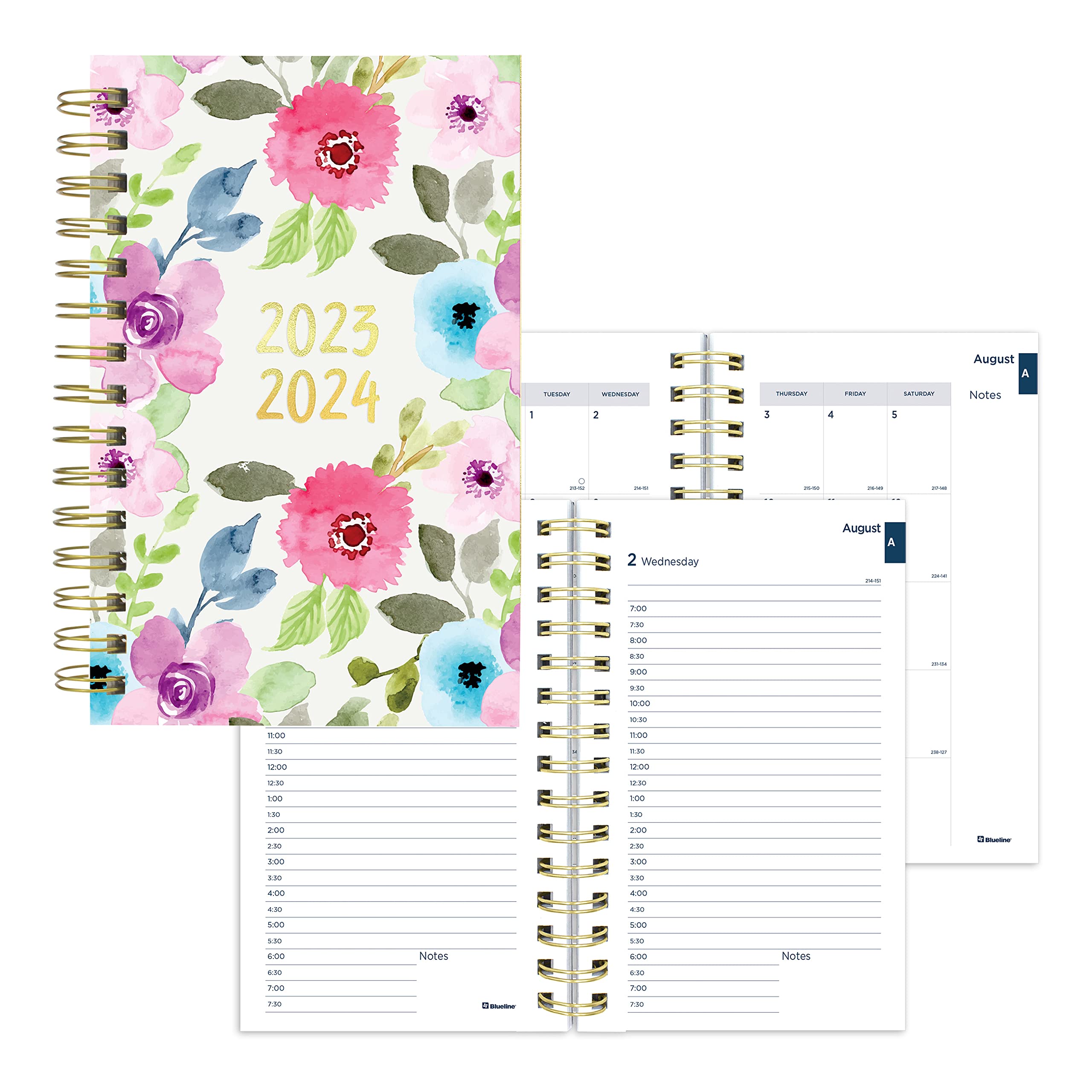 Blueline Essential Academic Daily/Monthly Planner, August 2023 to July 2024, Gold Twin-Wire Binding, Poly Cover, 8" x 5", Blossom Design, Pink (CA214PG.01-24)