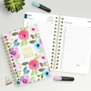 Blueline Essential Academic Daily/Monthly Planner, August 2023 to July 2024, Gold Twin-Wire Binding, Poly Cover, 8" x 5", Blossom Design, Pink (CA214PG.01-24)