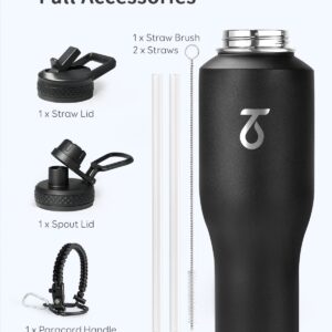 Trebo 40oz Insulated Water Bottle that Fits in Cup Holder, Stainless Steel Bottles Tumbler Double Wall Metal with Straw Spout Lids,Travel Flask with Paracord Handle, Sweat Proof Keep Cold &Hot,Black