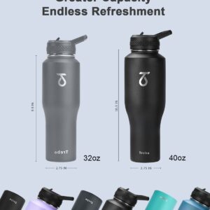 Trebo 40oz Insulated Water Bottle that Fits in Cup Holder, Stainless Steel Bottles Tumbler Double Wall Metal with Straw Spout Lids,Travel Flask with Paracord Handle, Sweat Proof Keep Cold &Hot,Black