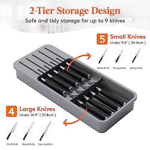 Lifewit Knife Drawer Organizer, Drawer Knife Block for 9 Knives, 2 Tier Knife Insert Holder Storage for Kitchen Drawer Countertop, Gray