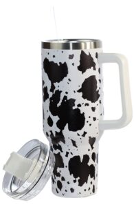 wonshia 40oz cow print tumbler with handle, stainless steel tumbler with lid and straws, double vacuum leak proof travel coffee mug cup water bottle for home, office, party……