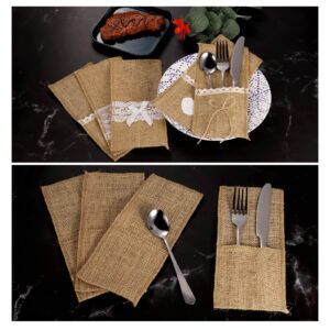 uxcell Burlap Lace Utensil Holders, 10Pcs Knife Forks Napkin Silverware Holder Bag Cutlery Pouch for Wedding Party Decoration