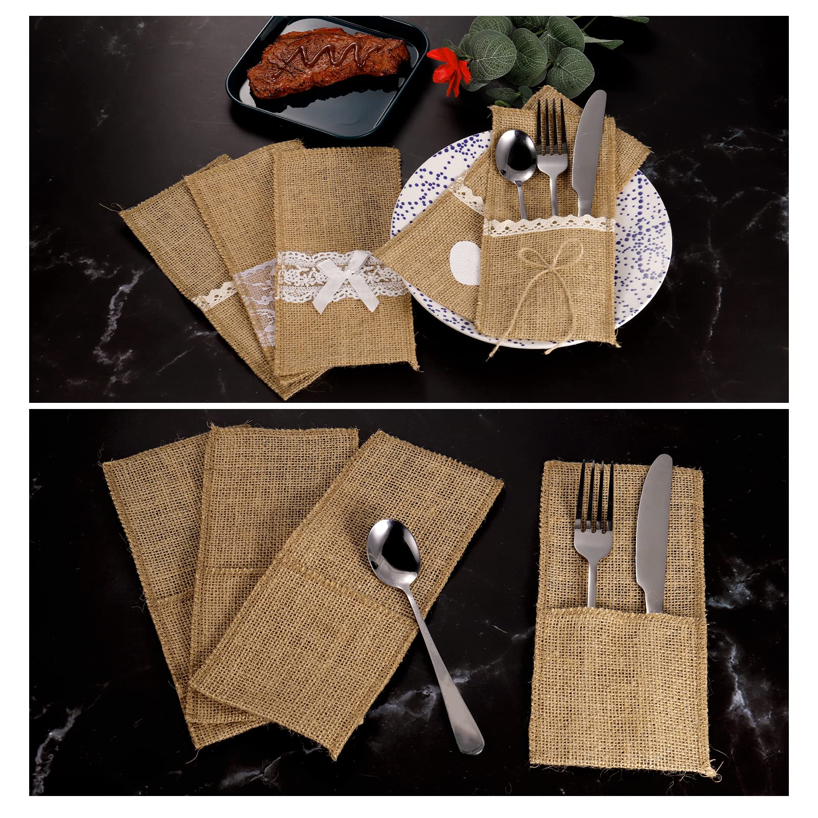 uxcell Burlap Lace Utensil Holders, 10Pcs Knife Forks Napkin Silverware Holder Bag Cutlery Pouch for Wedding Party Decoration