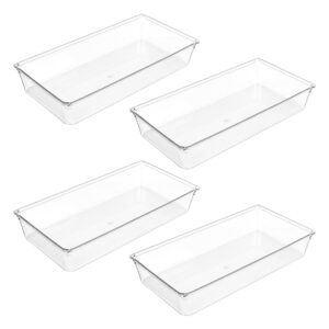 vtopmart kitchen drawer organizer for large utensils, 4 pack 12" x 6" plastic silverware organizer trays for cutlery, flatware, knife storage, versatile vanity makeup, bathroom drawer storage bins