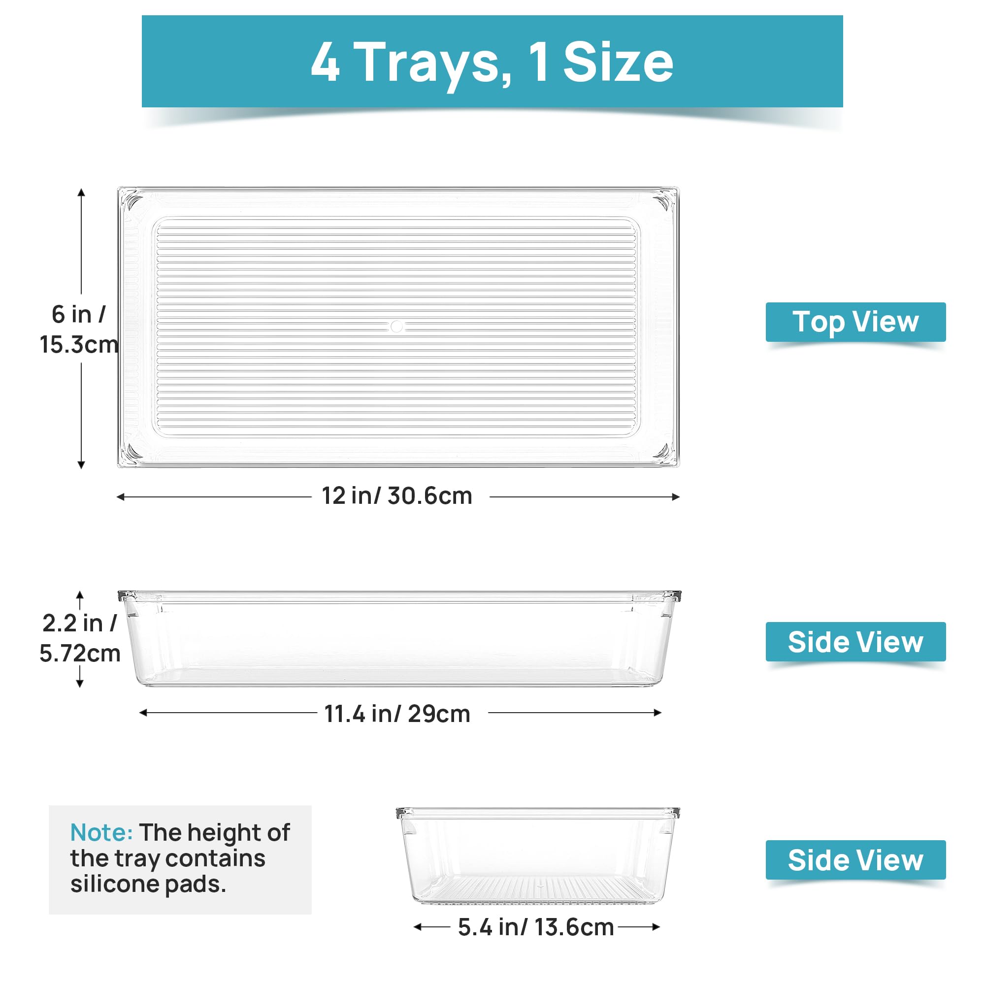 Vtopmart Kitchen Drawer Organizer for Large Utensils, 4 Pack 12" x 6" Plastic Silverware Organizer Trays for Cutlery, Flatware, Knife Storage, Versatile Vanity Makeup, Bathroom Drawer Storage Bins