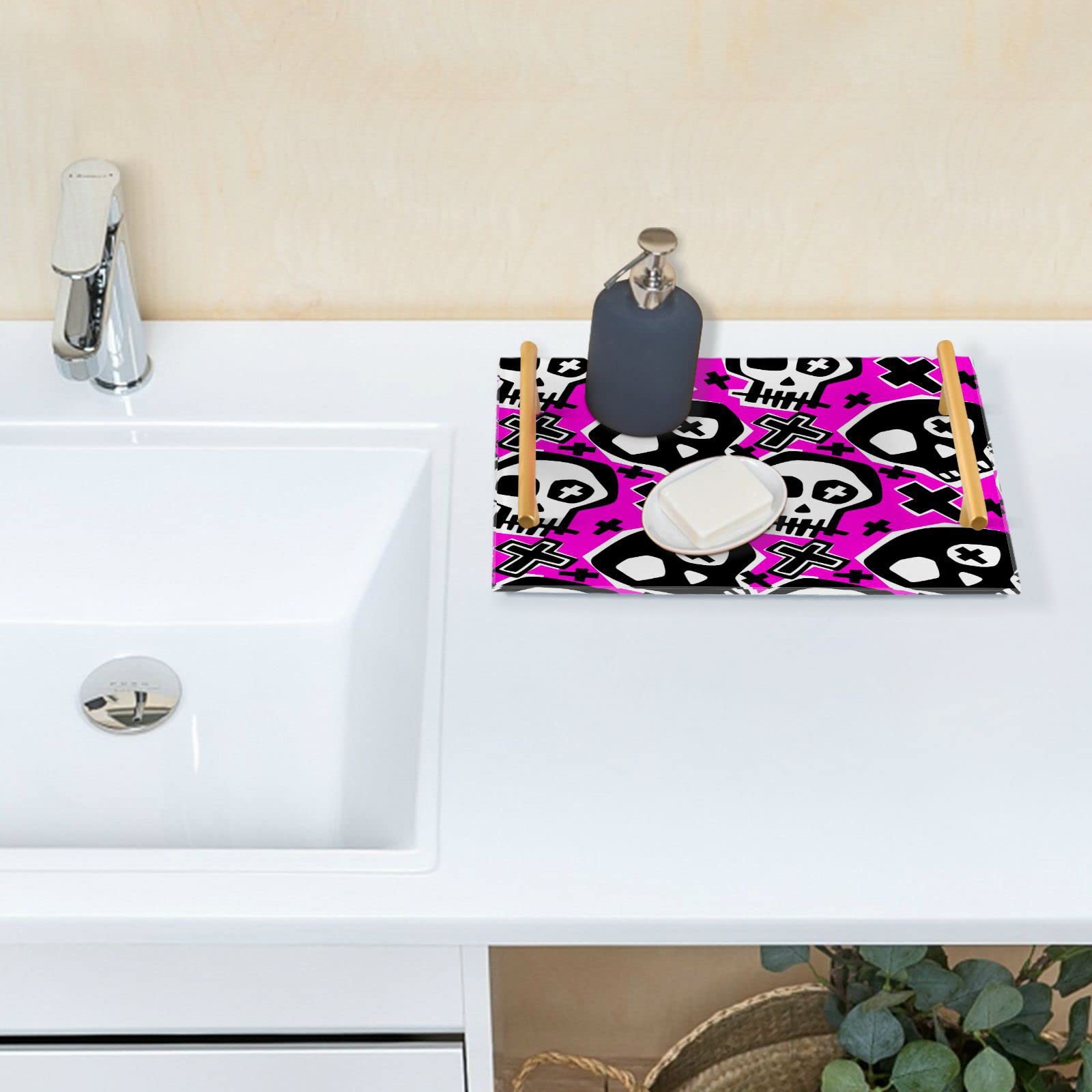 Gredecor Vanity Tray for Bathroom Counter Skull Funky Graffiti Style Decorative Kitchen Coffee Trays Acrylic Jewelry Perfume Makeup Organizer Tray Holder, Rectangle 7.87" x 11.8"