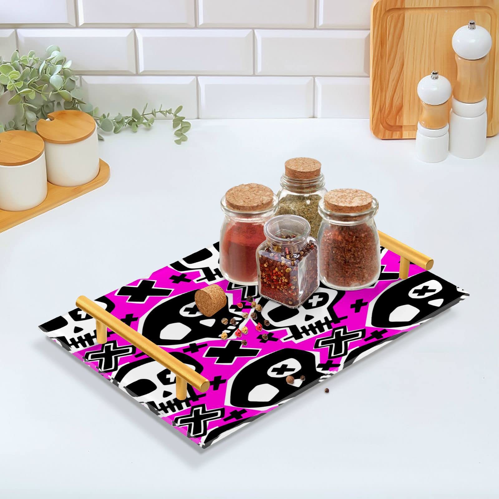 Gredecor Vanity Tray for Bathroom Counter Skull Funky Graffiti Style Decorative Kitchen Coffee Trays Acrylic Jewelry Perfume Makeup Organizer Tray Holder, Rectangle 7.87" x 11.8"