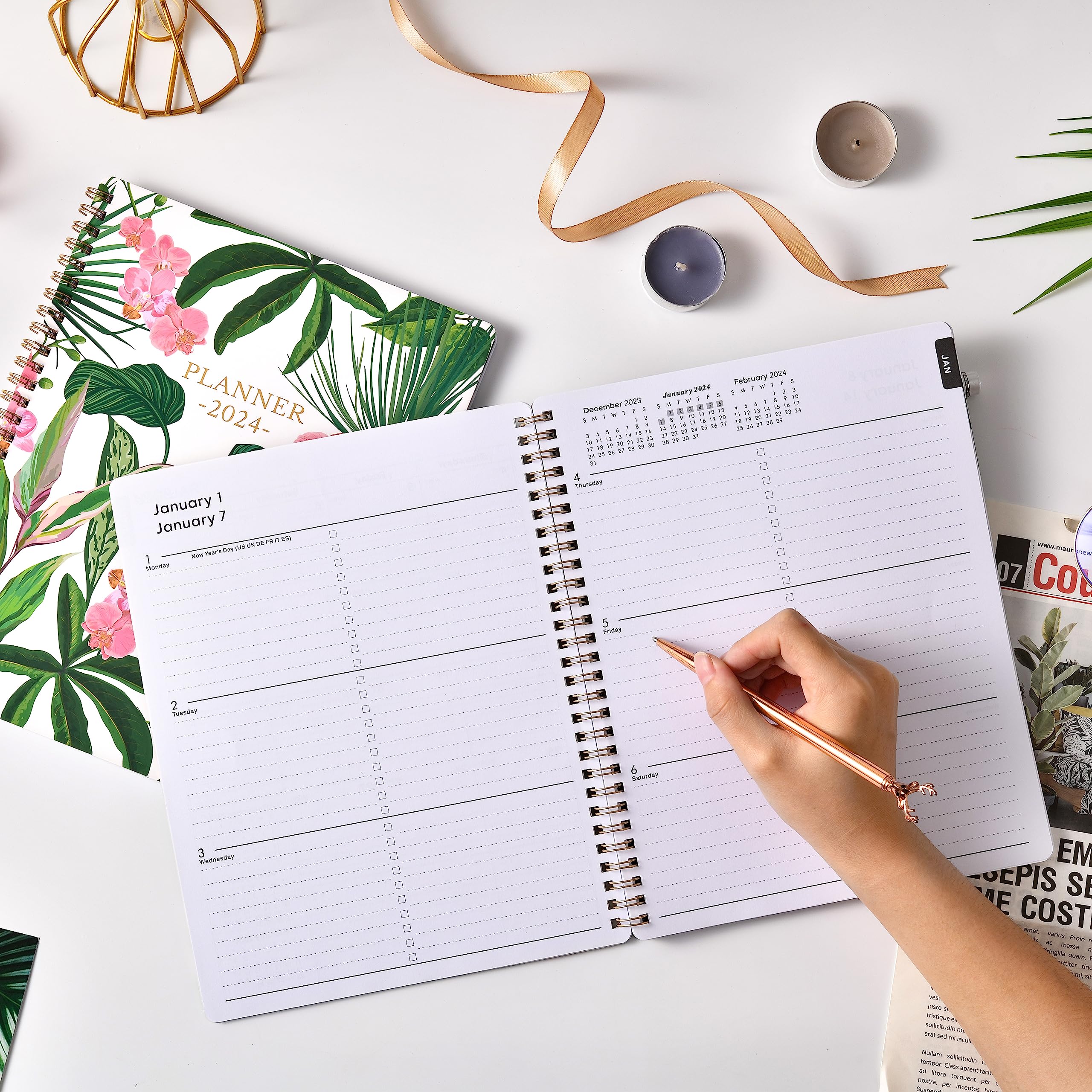 2024 Planner - Jan. 2024 - Dec. 2024, Planner 2024, 8" x 10", 2024 Planner Weekly and Monthly with Marked Tabs + Thick Paper + Contacts + Calendars + Holidays + Twin-Wire Binding - White Floral