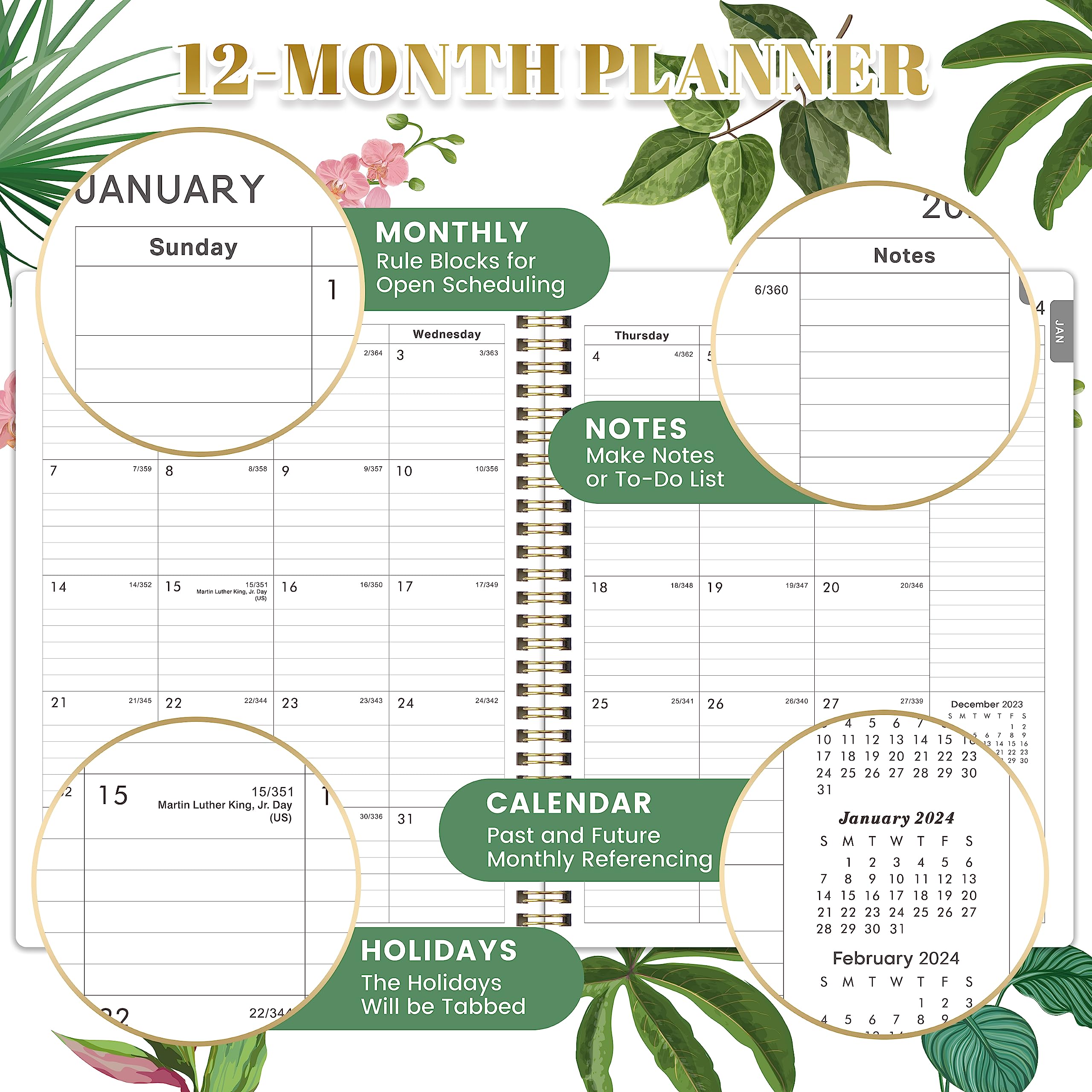 2024 Planner - Jan. 2024 - Dec. 2024, Planner 2024, 8" x 10", 2024 Planner Weekly and Monthly with Marked Tabs + Thick Paper + Contacts + Calendars + Holidays + Twin-Wire Binding - White Floral