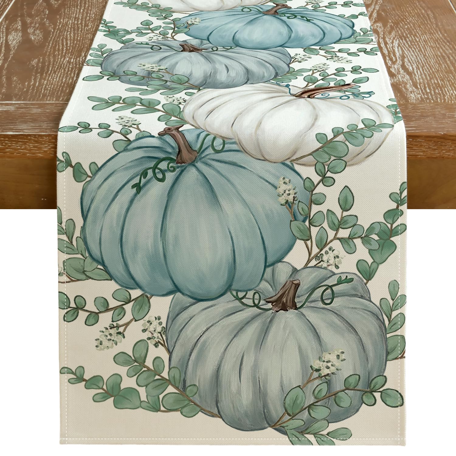 GEEORY Fall Table Runner, 13x72 Inch Pumpkins Eucalyptus Leaves Farmhouse Decor Table Decoration for Kitchen Dinning, Indoor Outdoor Dinner Party (Blue Pumpkins) GT110-72