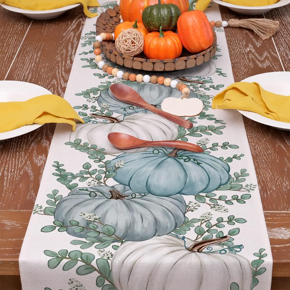 GEEORY Fall Table Runner, 13x72 Inch Pumpkins Eucalyptus Leaves Farmhouse Decor Table Decoration for Kitchen Dinning, Indoor Outdoor Dinner Party (Blue Pumpkins) GT110-72