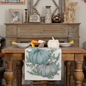 GEEORY Fall Table Runner, 13x72 Inch Pumpkins Eucalyptus Leaves Farmhouse Decor Table Decoration for Kitchen Dinning, Indoor Outdoor Dinner Party (Blue Pumpkins) GT110-72