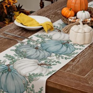 GEEORY Fall Table Runner, 13x72 Inch Pumpkins Eucalyptus Leaves Farmhouse Decor Table Decoration for Kitchen Dinning, Indoor Outdoor Dinner Party (Blue Pumpkins) GT110-72