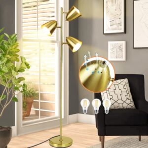 dllt modern floor lamp, 3-light reading standing tree lamp, gold corner floor lamp with adjustable metal heads, brass tall pole led lighting for living room, bedroom, office, e26 base (bulbs include)