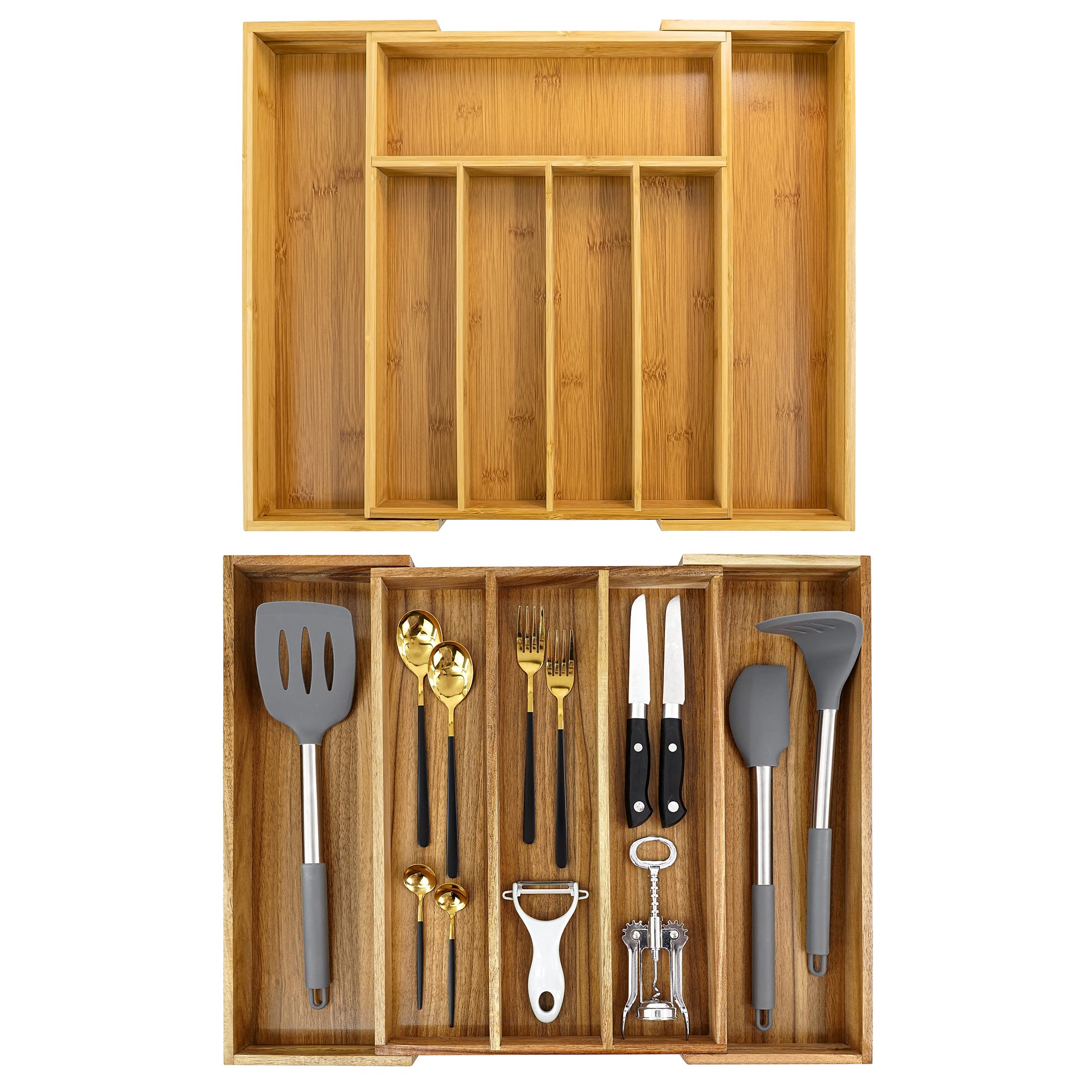 EcoFives Bamboo Drawer Utensil Organizer Expandable 7Slots + Acacia Silverware Organizer Adjustable 5 Slots