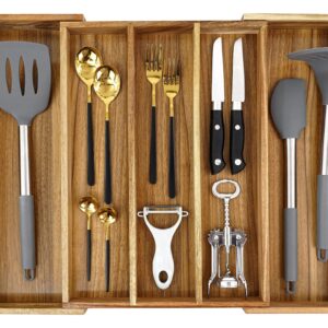 EcoFives Bamboo Drawer Utensil Organizer Expandable 7Slots + Acacia Silverware Organizer Adjustable 5 Slots