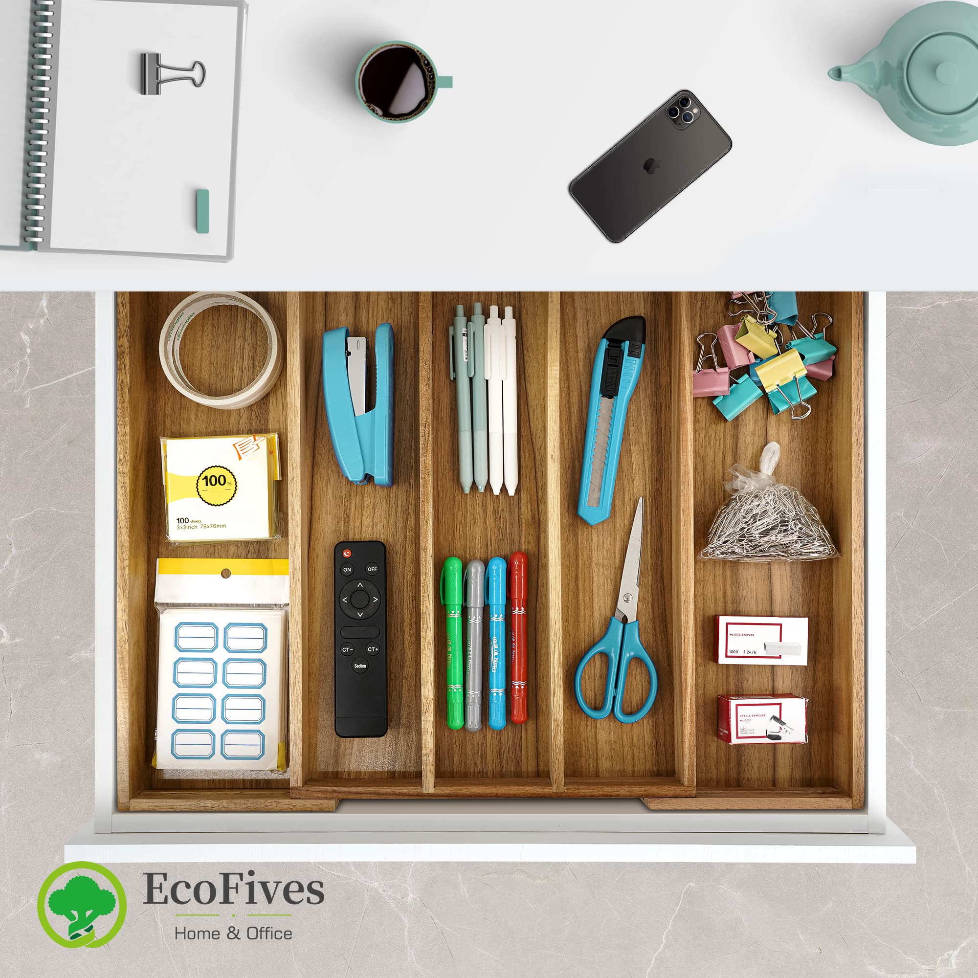 EcoFives Bamboo Drawer Utensil Organizer Expandable 7Slots + Acacia Silverware Organizer Adjustable 5 Slots