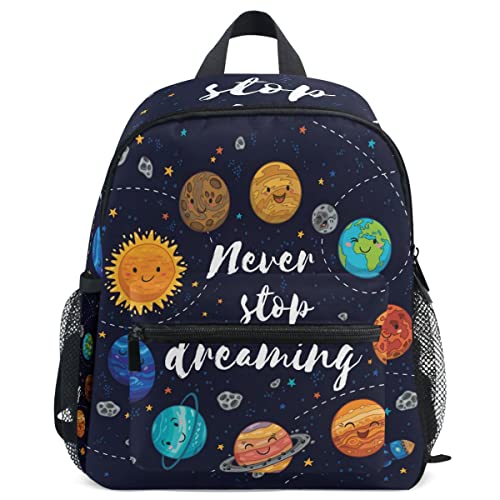 Pfrewn Cute Solar System Space Toddler Backpacks for Kids Never Stop Dreaming Preschool Schoolbag Backpack for Boys Mini Kindergarten Nursery Bag with Chest Strap