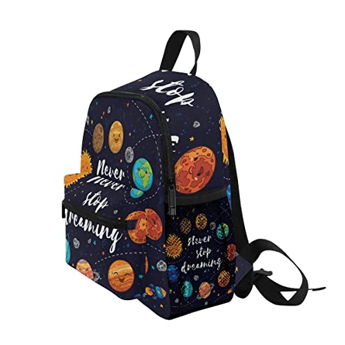 Pfrewn Cute Solar System Space Toddler Backpacks for Kids Never Stop Dreaming Preschool Schoolbag Backpack for Boys Mini Kindergarten Nursery Bag with Chest Strap