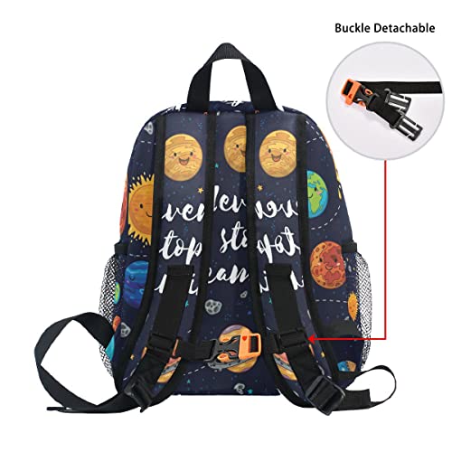 Pfrewn Cute Solar System Space Toddler Backpacks for Kids Never Stop Dreaming Preschool Schoolbag Backpack for Boys Mini Kindergarten Nursery Bag with Chest Strap