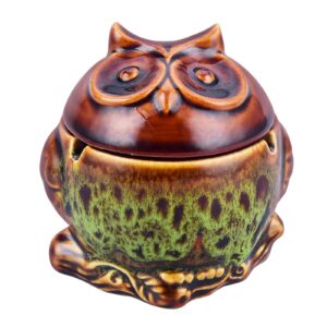 k cool ceramic ashtray with lid, cigarettes ashtrays for outdoor indoor, owl animal outdoor ashtray, ash holder for smoker, desktop smoking ash tray for home office, gift for women mother (green)