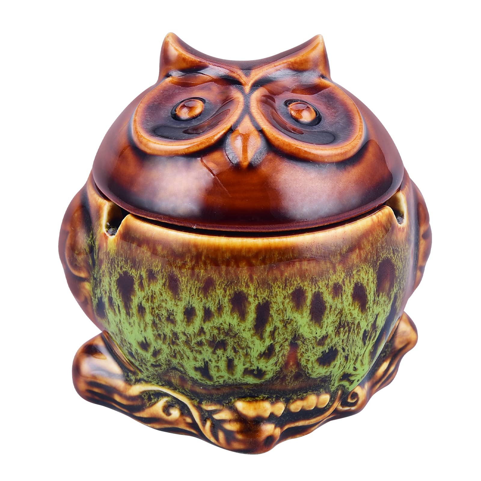 K COOL Ceramic Ashtray with Lid, Cigarettes Ashtrays for Outdoor Indoor, Owl Animal Outdoor Ashtray, Ash Holder for Smoker, Desktop Smoking Ash Tray for Home Office, Gift for Women Mother (Green)