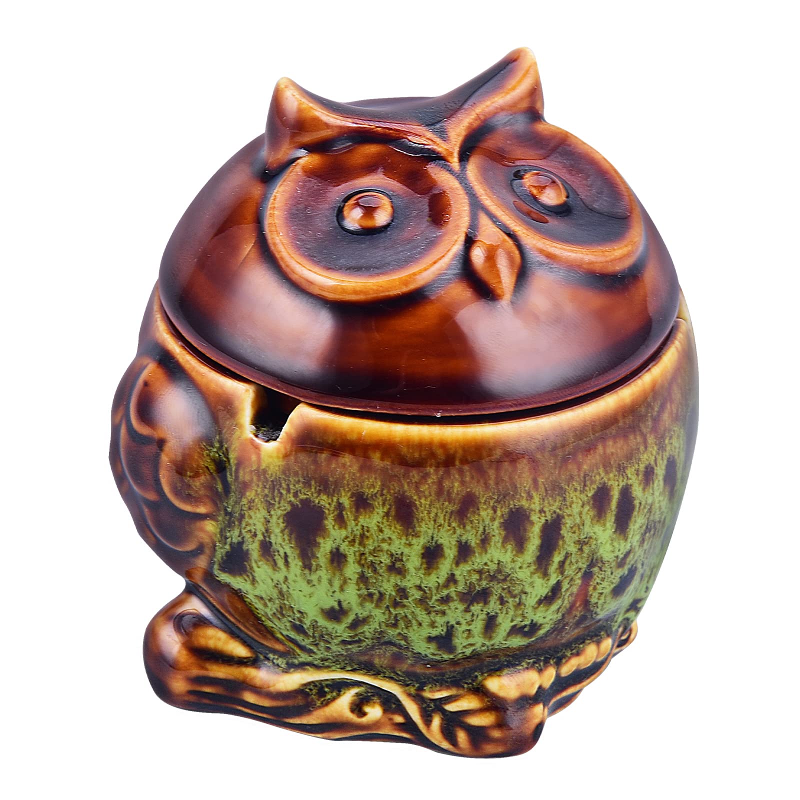 K COOL Ceramic Ashtray with Lid, Cigarettes Ashtrays for Outdoor Indoor, Owl Animal Outdoor Ashtray, Ash Holder for Smoker, Desktop Smoking Ash Tray for Home Office, Gift for Women Mother (Green)