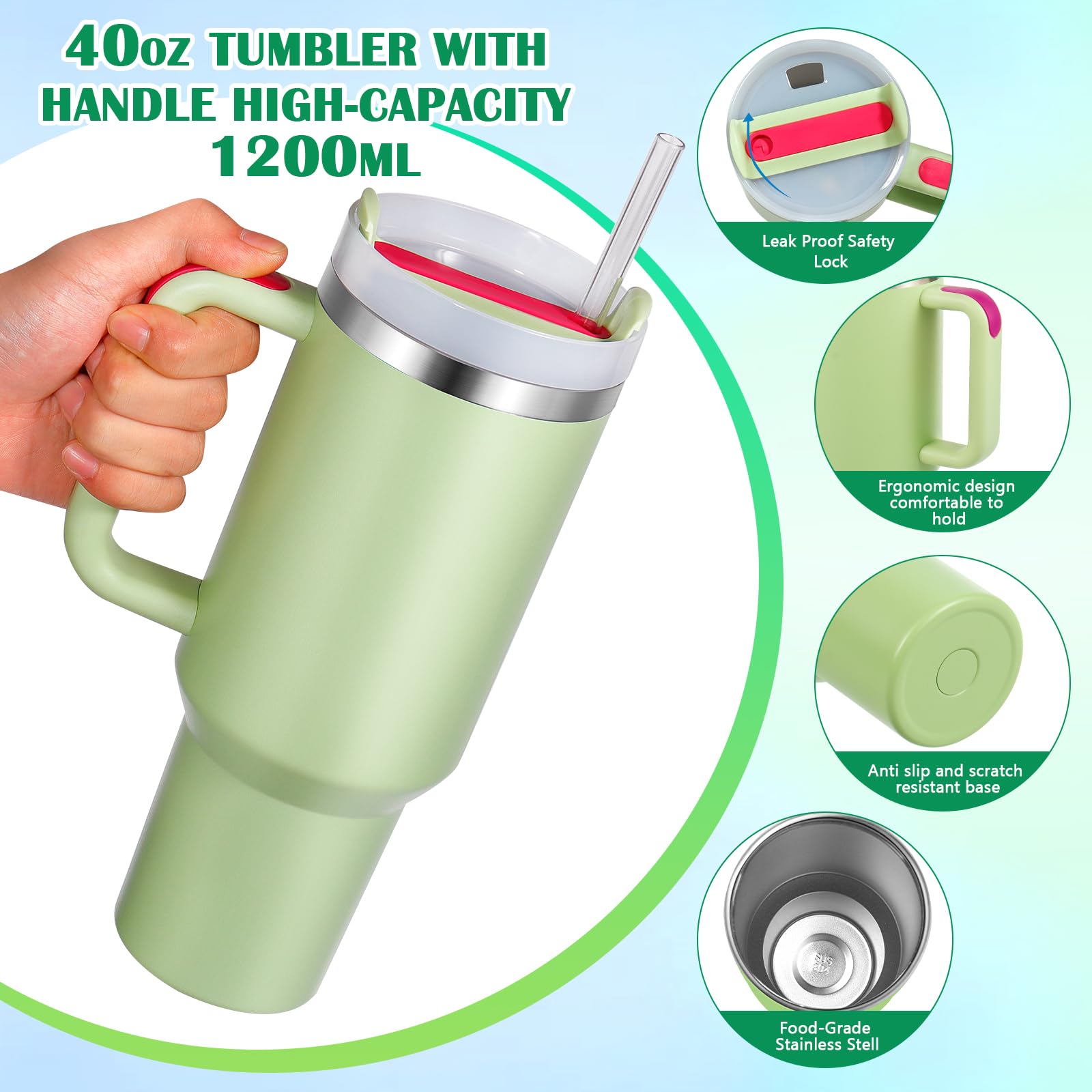 BELYQLY 40oz - New Version Stainless Steel Vacuum Insulated Tumbler with Lid and Straw for Water, Smoothie and More, Iced Tea or Coffee (Green)