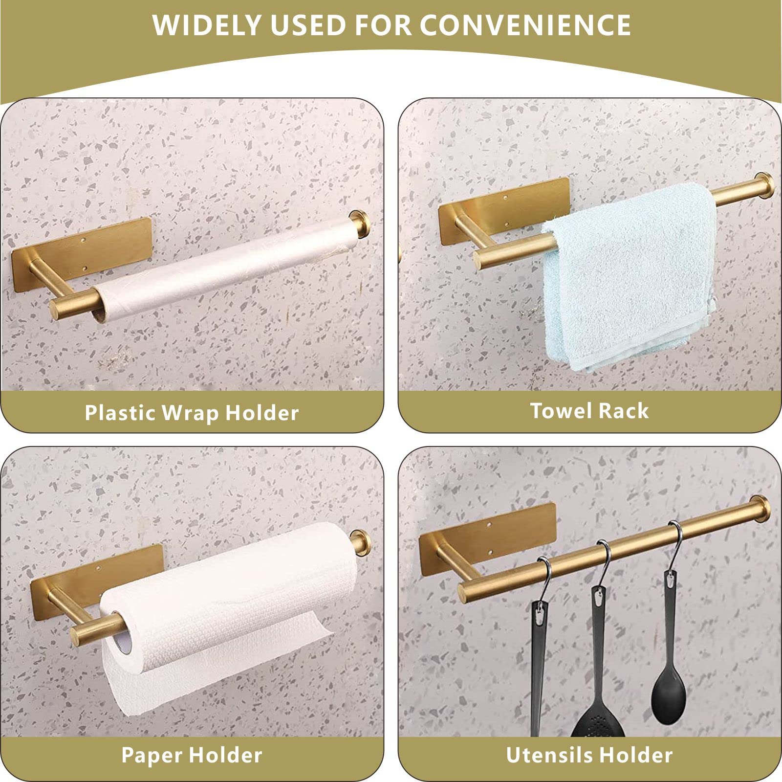 Paper Towel Holder - Eolax Under Cabinet Paper Towel Bar for Kitchen, Wall Mount Self Adhesive or Drilling Paper Towel Rack, 304 Stainless Steel (Gold)