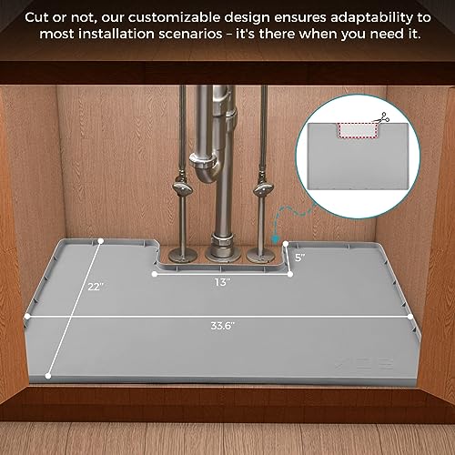 XDS The Original Under Sink Mat for Kitchen Waterproof, 34''x22'' Silicone Under Sink Liner, Cut to Fit Under Sink Tray for Kitchen Cabinets, Preventing Drips, Leaks, Spills (Light Gray)