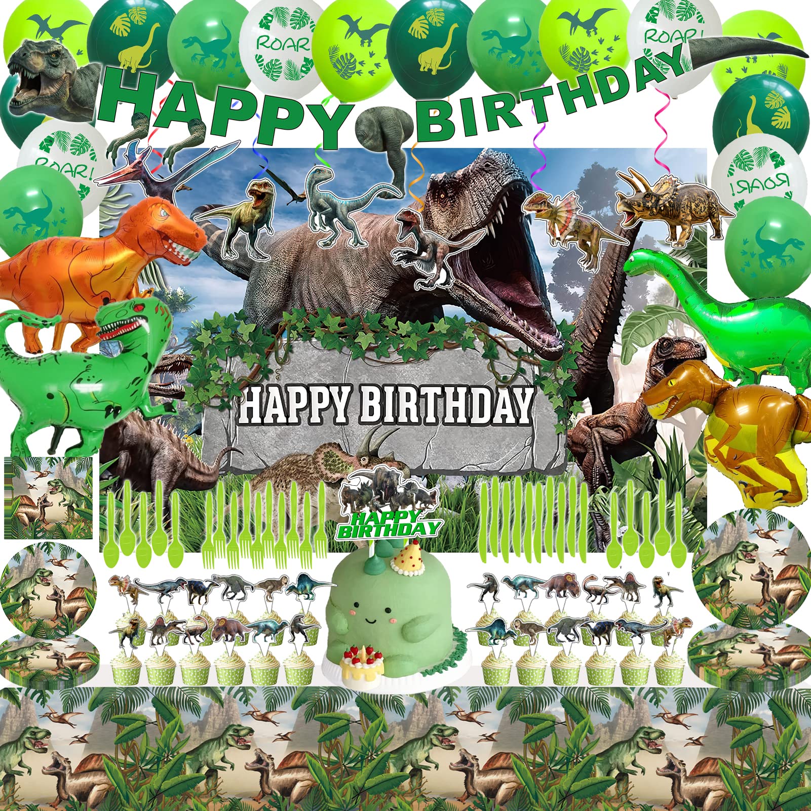 Dinosaur Birthday Party Supplies Decorations Include Backdrop, Tablecloth, Birthday Banners, Cake Decoration, Cupcake Toppers, Latex Balloons, Hanging Swirls, Tableware Set, Aluminum foil Balloon