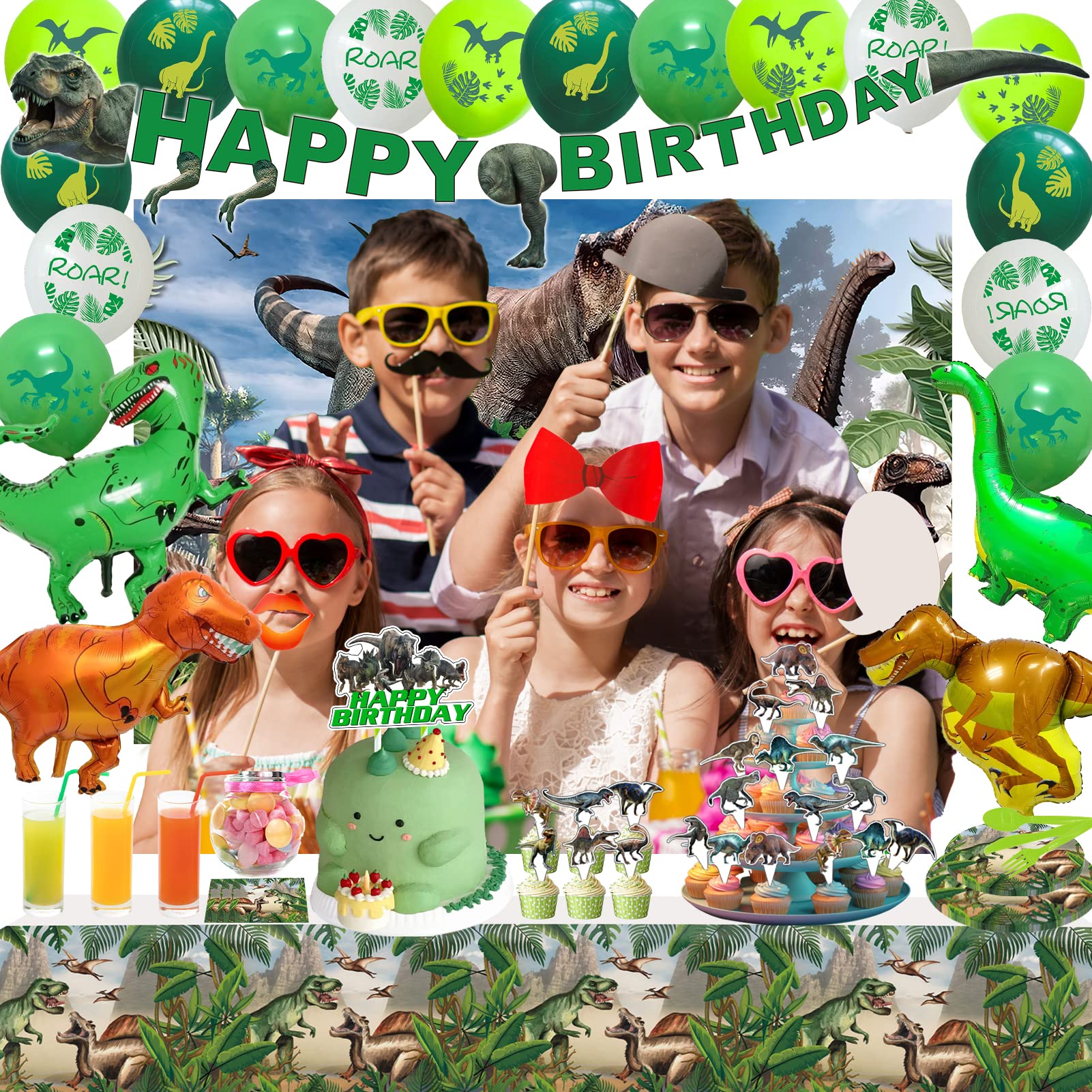 Dinosaur Birthday Party Supplies Decorations Include Backdrop, Tablecloth, Birthday Banners, Cake Decoration, Cupcake Toppers, Latex Balloons, Hanging Swirls, Tableware Set, Aluminum foil Balloon