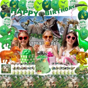 Dinosaur Birthday Party Supplies Decorations Include Backdrop, Tablecloth, Birthday Banners, Cake Decoration, Cupcake Toppers, Latex Balloons, Hanging Swirls, Tableware Set, Aluminum foil Balloon